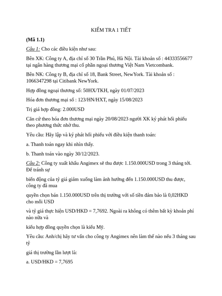 KIỂM TRA 1 TIẾT TTQT | PDF