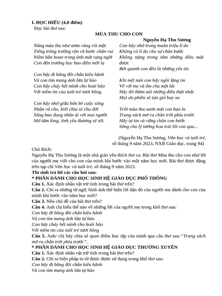 Đọc Hiểu Bài Thơ Mùa Thu Cho Con | PDF