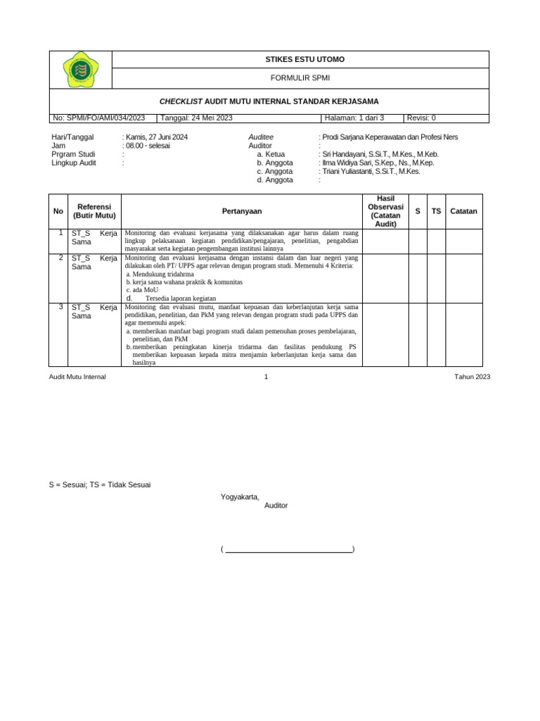 Checklist AMI Standar Tambahan-4.Kerjasama 2023 | PDF