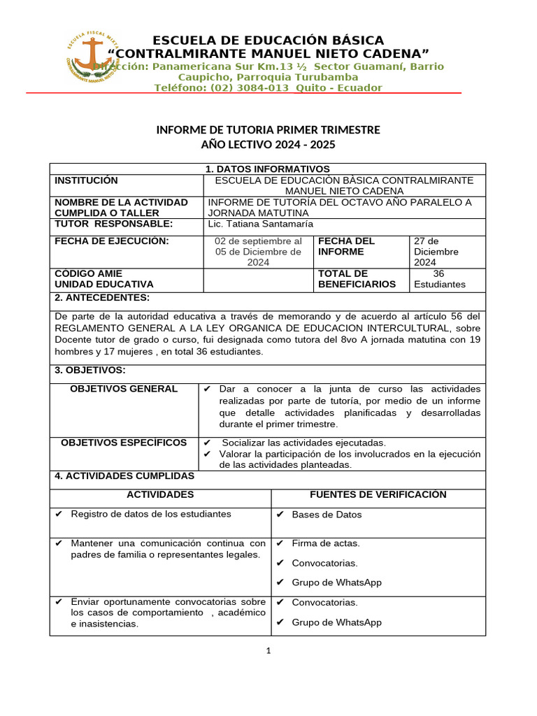 Informe Tutoría 8vo Año 2024-2025 | PDF
