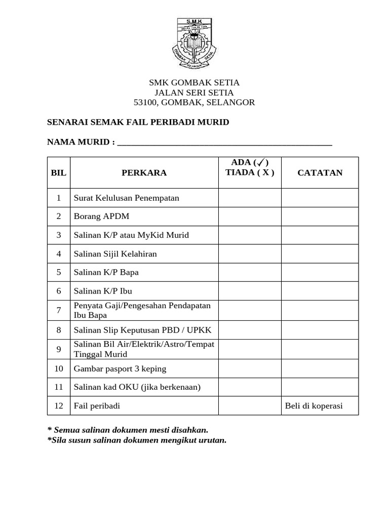 Senarai Semak Fail Peribadi Murid | PDF