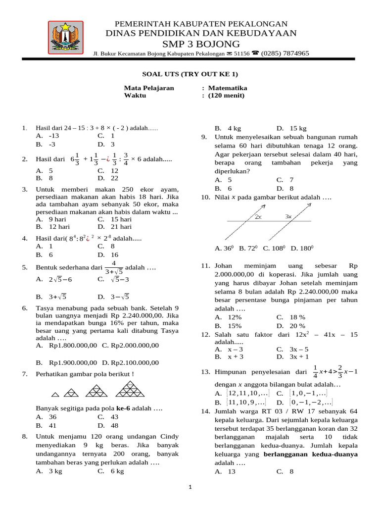 Soal Try Out 1 Untuk Uts SMT 1 2015 - 2016 | PDF