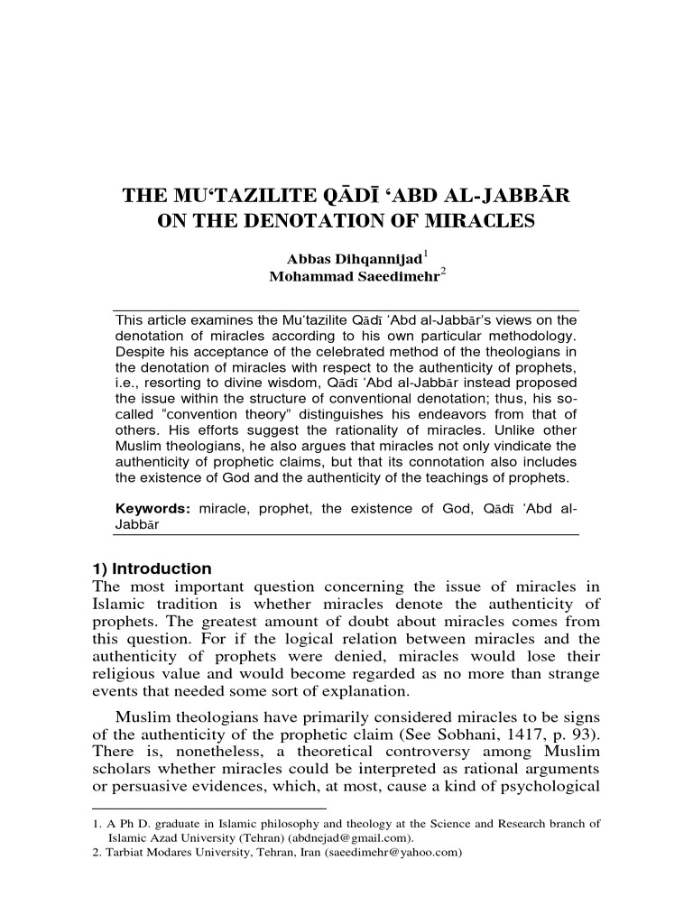The Mu Tazilite Qadi Abd Al Jabbar On TH | PDF | Prophets And ...
