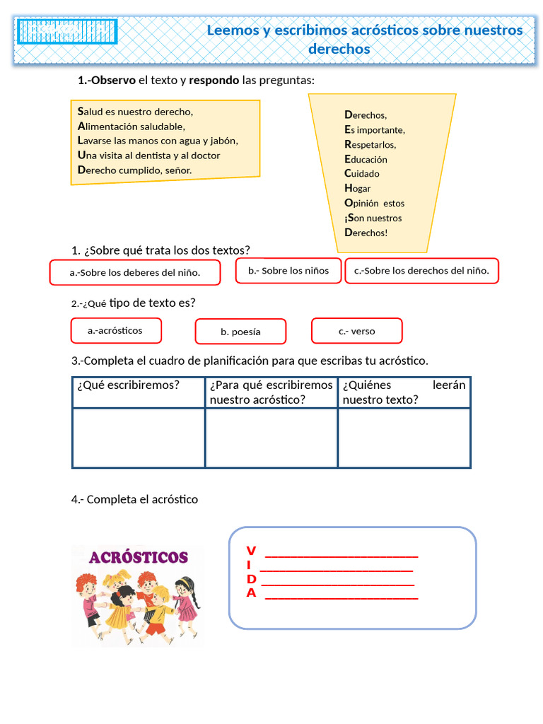 D1 A1 FICHA COM. Leemos y Escribimos Acrósticos Sobre Nuestros Derechos ...