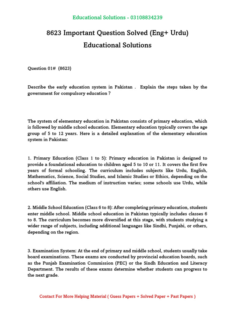 8623 Imp. Qs. Solved in Both Eng MUrdu | PDF | Schools | Middle Schools