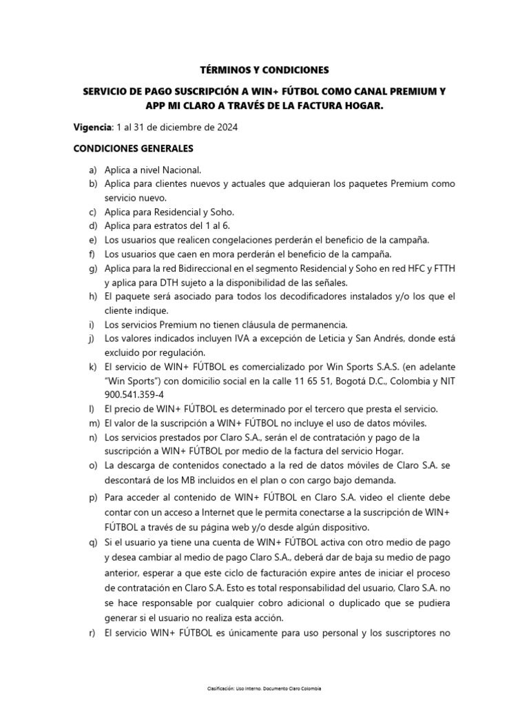 Terminos y Condiciones Win Canal Premium Factura Hogar | PDF | Aplicación movil | Asociación de ...