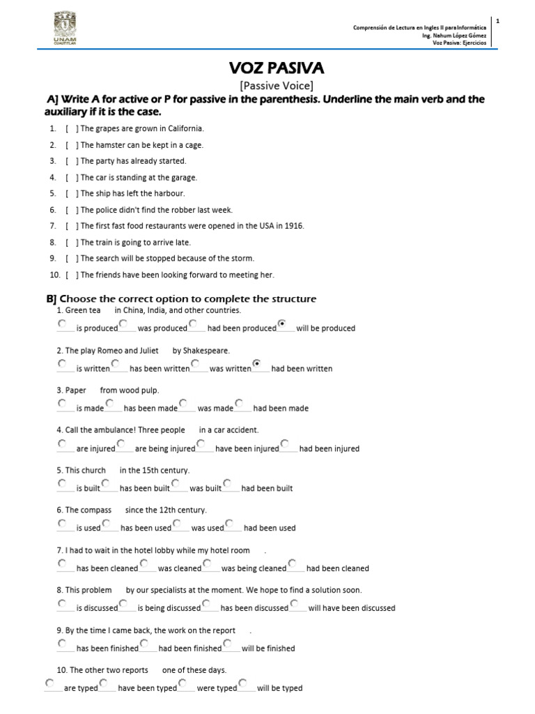 Voz Pasiva - Ejercicios | PDF