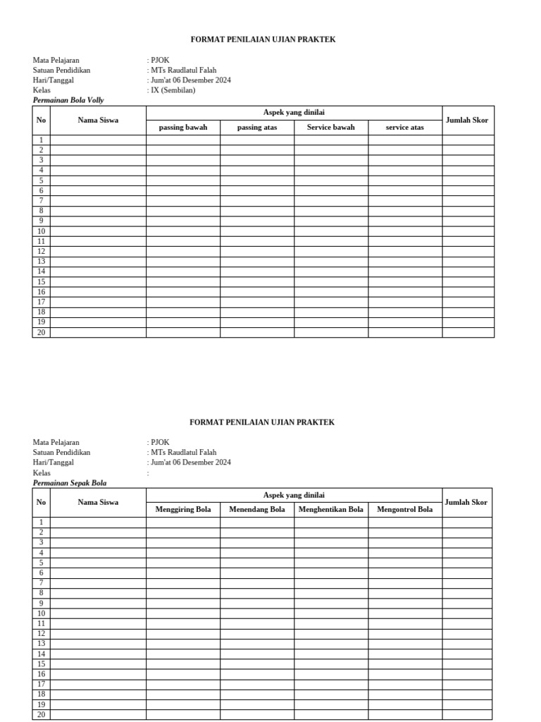 Format Nilai Ujian Praktek PJOK MTs | PDF