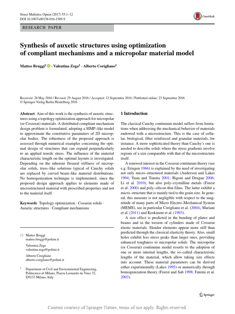 Synthesis of Auxetic Structures Using Optimization | PDF | Linear Elasticity | Elasticity (Physics)