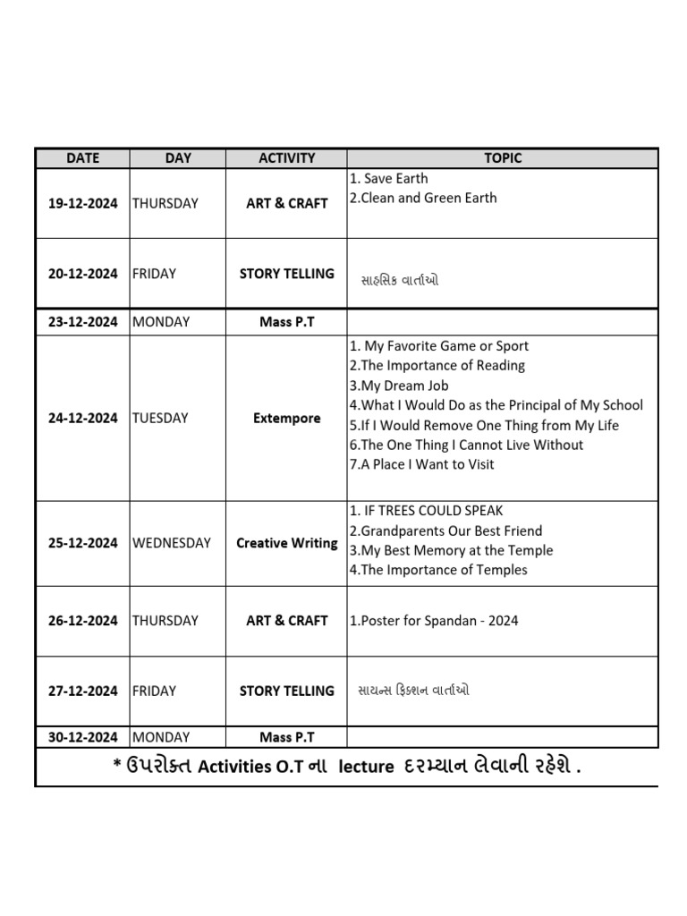 Activity LIST - 19-12-2024 To 31-12-2024 | PDF
