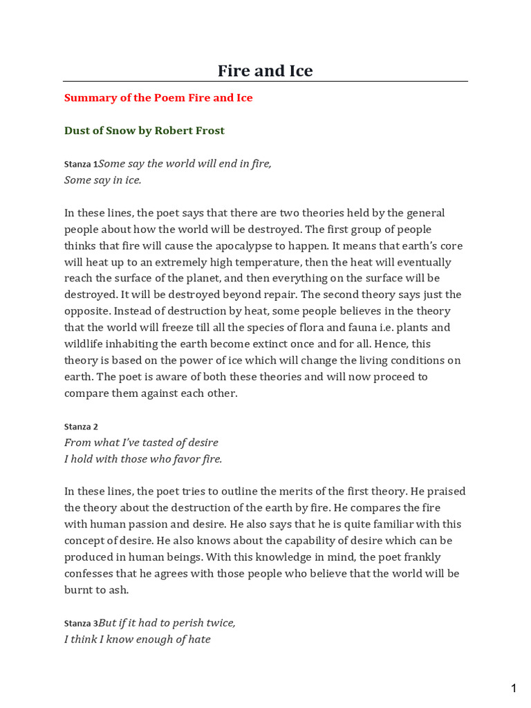 Fire and Ice: Poem Summary and Analysis | PDF | Tiger | Ice