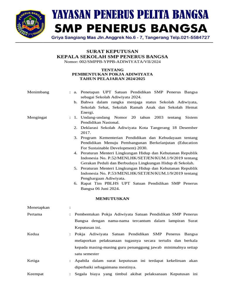 Adiwiyata - SK Pokja Adiwiyata 2024-2025 | PDF