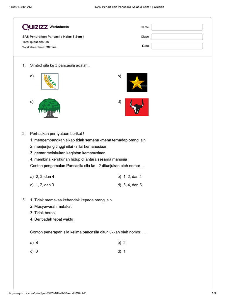 SAS Pendidikan Pancasila Kelas 3 Sem 1 - Quizizz | PDF