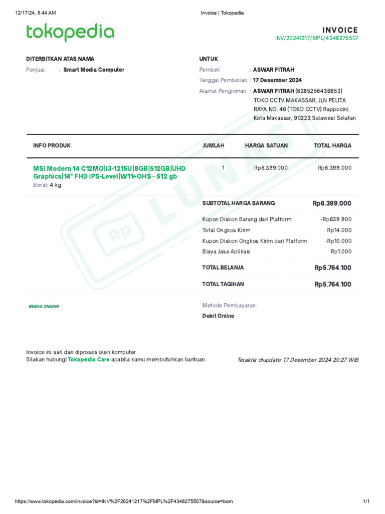 Invoice - Tokopedia | PDF