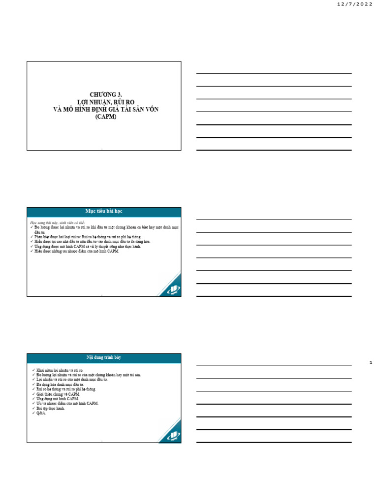 TCDN 1. Chuong 3. Loi nhuan rui ro va mo hinh dinh gia tai san von - GV tc | PDF