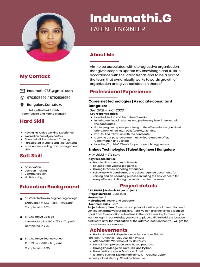 Indumathi G: Talent Engineer Profile | PDF | Recruitment