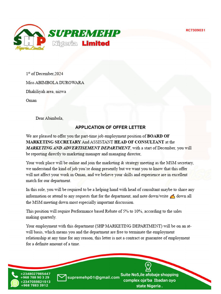 DUROWARA offer letter | PDF