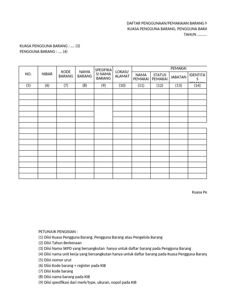 Form Penggunaan BMD Permendagri 47 Kosong | PDF