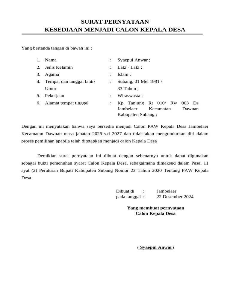 Form Surat Pernyataan Kesediaan Menjadi Calon Kepala Desa | PDF