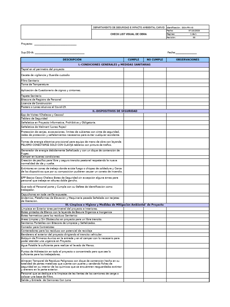 DSIA-FR-VO Check List visual de obra | PDF | Residuos