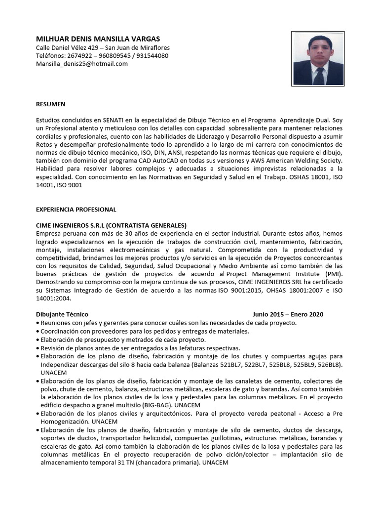 Cv-Milhuar Denis Mansilla Vargas 2022 | PDF | Business | Ingeniería