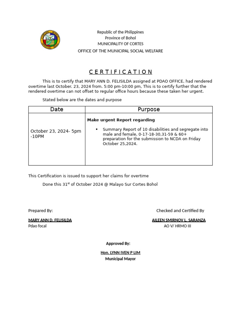 Cortes Overtime Certification | PDF