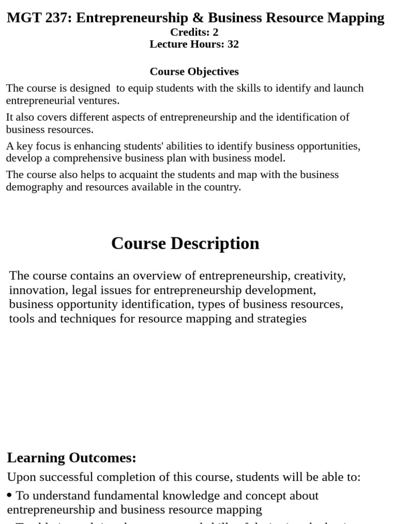 Entrepreneurship & Resource Mapping Course | PDF | Entrepreneurship ...