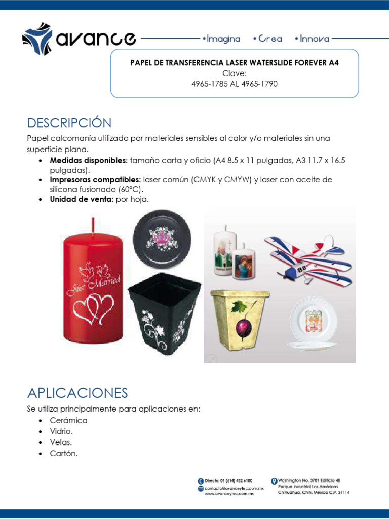 4965 1790 Papel de Transferencia Laser Waterslide Forever A4 | PDF