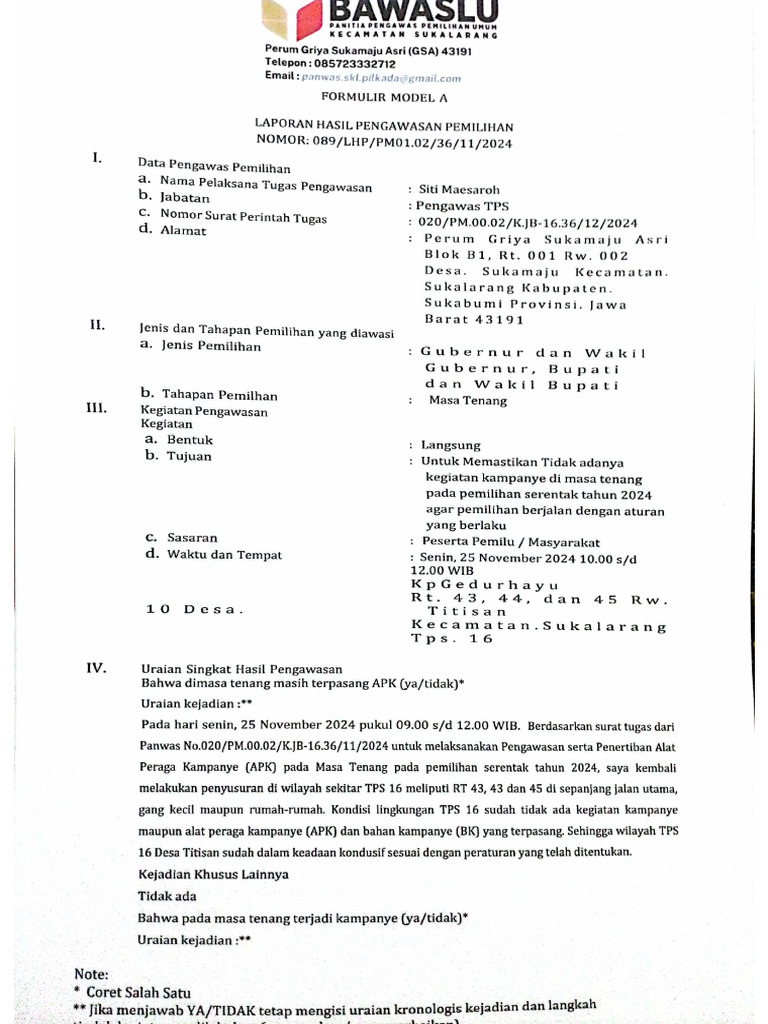 Masa Tenang 25 November Tps 16 Desa Titisan | PDF