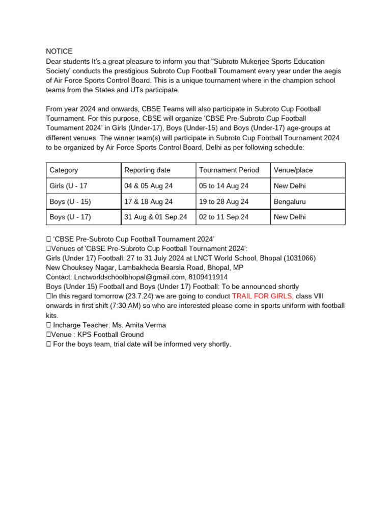 Notice For Football Trail (Girls) | PDF