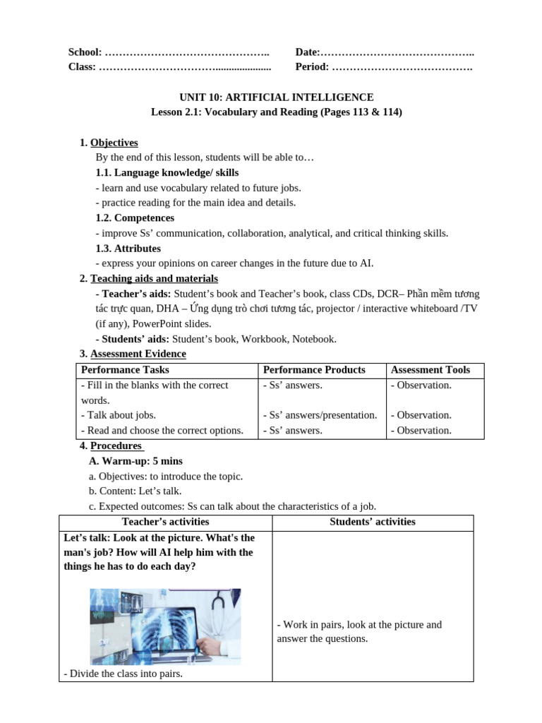 AI Vocabulary and Reading Lesson Plan | PDF | Vocabulary | Artificial ...