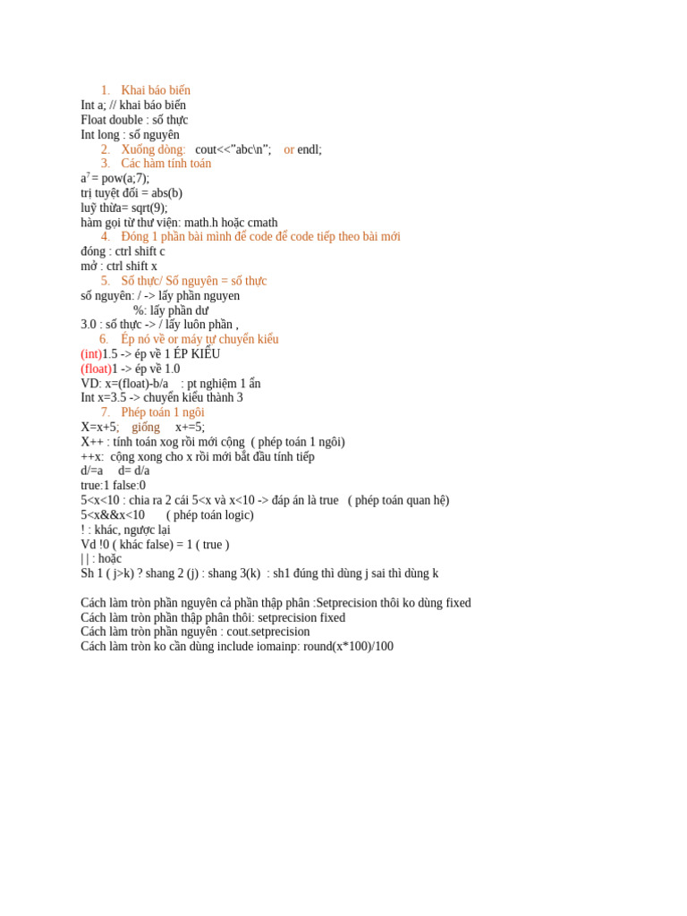 1. Khai báo biến: (int) (float) | PDF