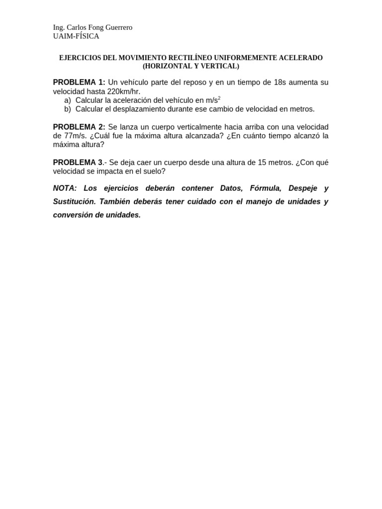 Ejercicios Del MRUA | PDF