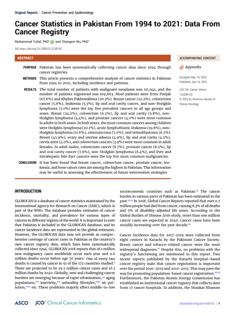 Cancer Statistics in Pakistan (1994-2021) | PDF | Cancer | Federally ...
