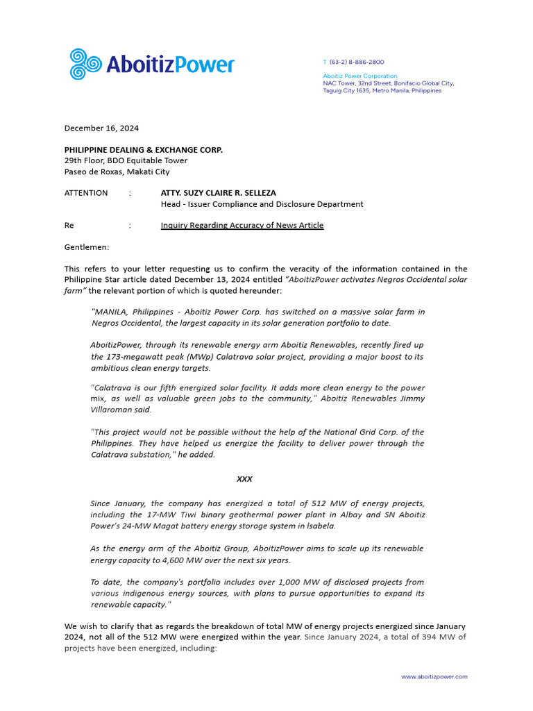 AP Clarificatory Letter To PDEX 12.16.24 AboitizPower Activates Negros ...