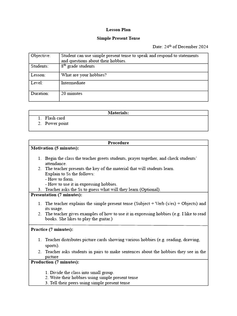 Lesson plan of Simple Present Tense | PDF