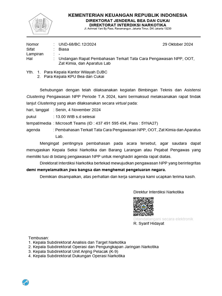 Undangan Rapat Pembahasan Terkait Tata Cara Pengawasan NPP, OOT, Zat ...