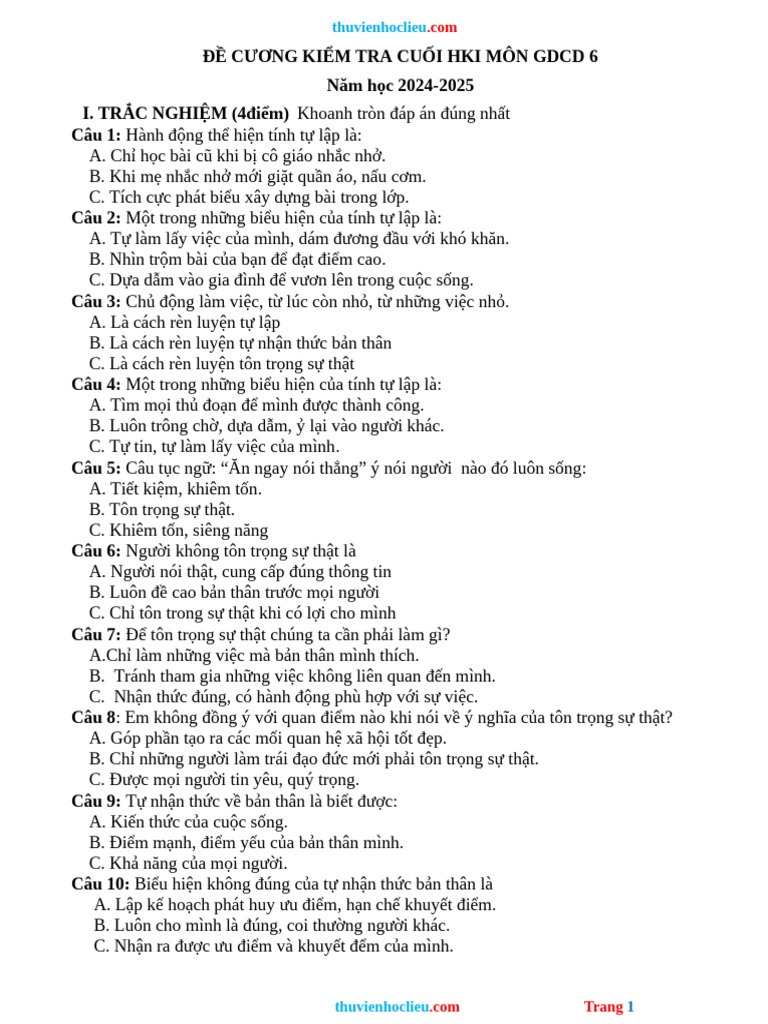 De Cuong On Tap Cuoi HK1 GDCD 6 Canh Dieu 24 25 | PDF
