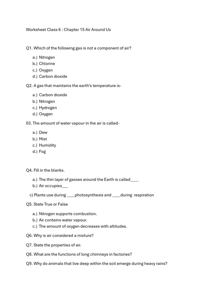Class 6 Air Worksheet: Chapter 15 | PDF