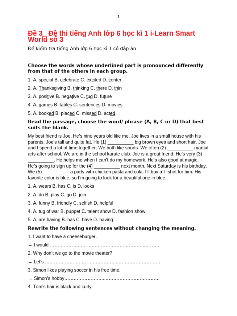 Đề 3_TA HK1 | PDF