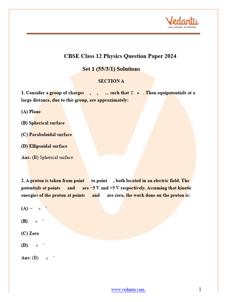 Cbse Class 12 Physics Question Paper Set 1 55 3-1-2024 | PDF ...