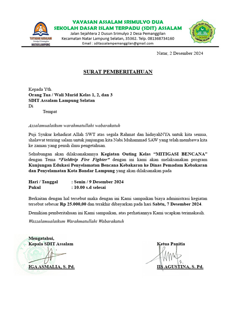 Surat Damkar Untuk Wali Murid | PDF