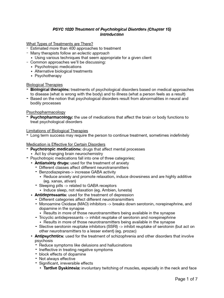 PSYC 1020 Treatment of Psychological Disorders (Chapter 15) | PDF ...
