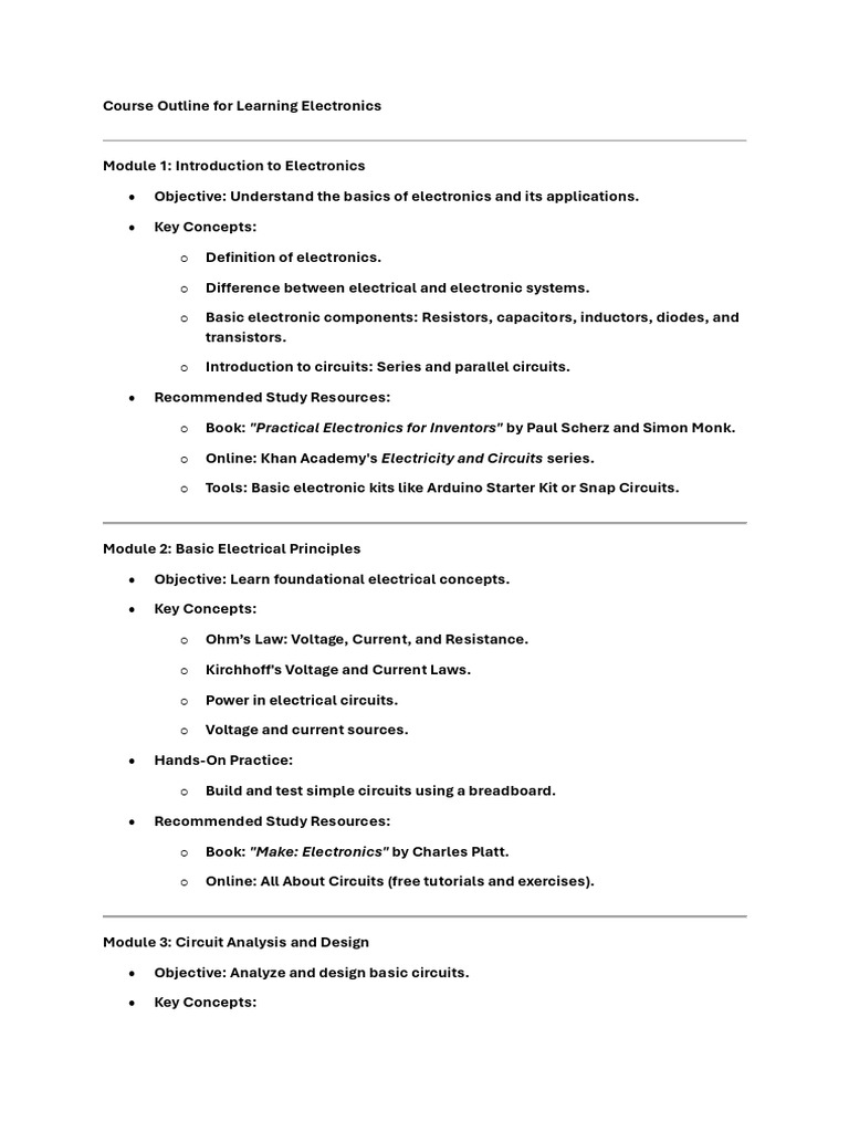 Course Outline For Learning Electronics | PDF | Electrical Network | Electronics
