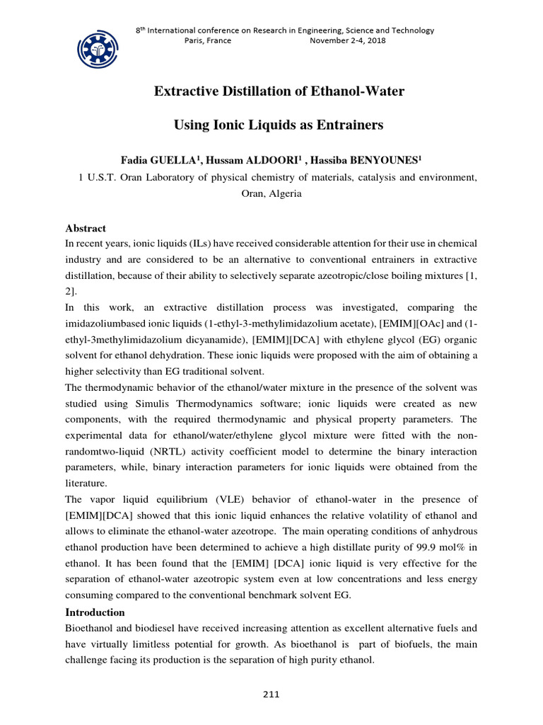 Extractive Distillation Of Ethanol Water Pdf Distillation Ethanol