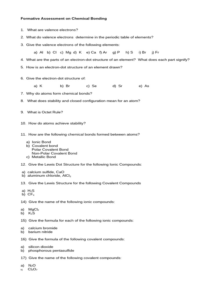 Formative Assessment On Chemical Bonding | PDF