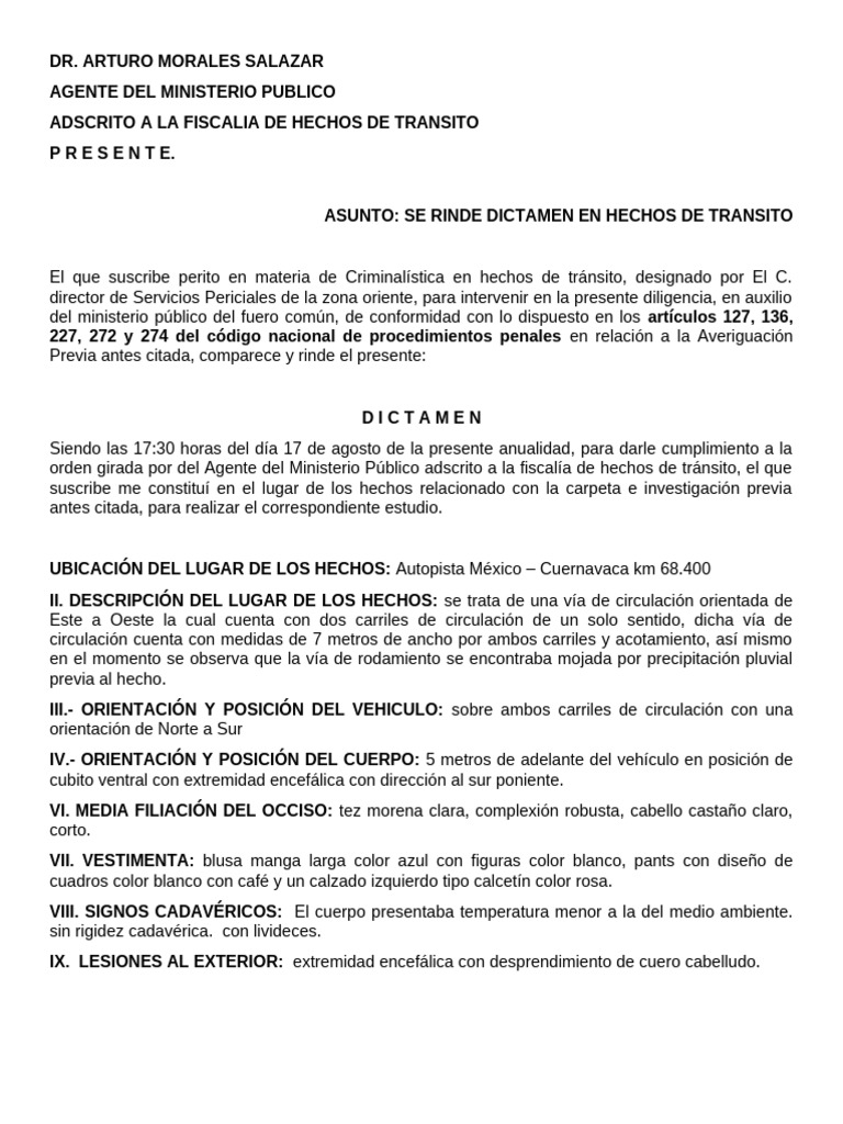 Dictamen Pericial en Hechos de Tránsito | PDF | Huella dactilar