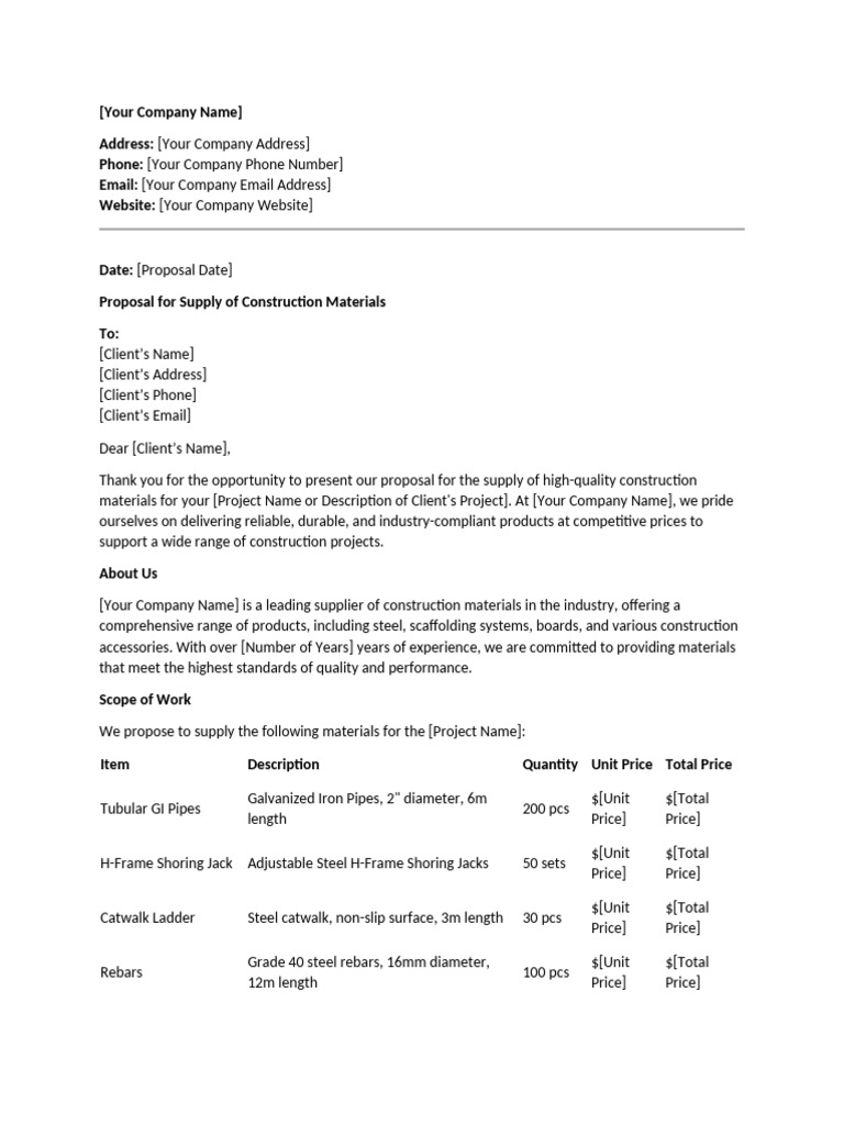 COMPANY PROPOSAL | PDF | Scaffolding | Materials