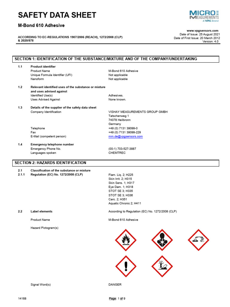 M-Bond 610 Adhesive Safety Data Sheet | PDF | Dangerous Goods ...