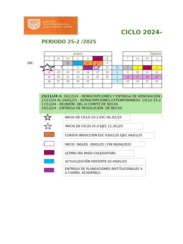 Calendario Escolar 2025-2 GTU | PDF